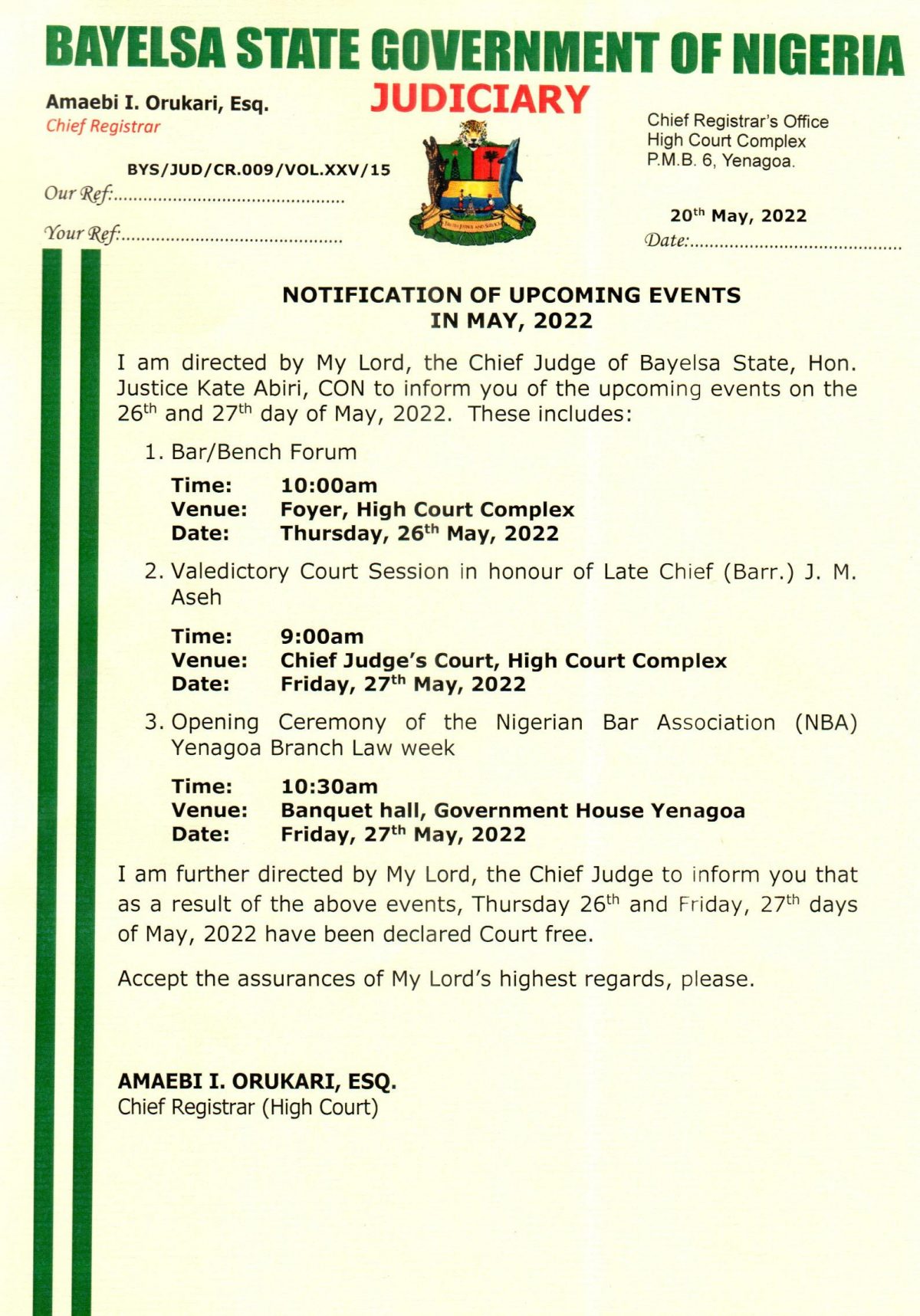 Upcoming Event - Bayelsa State Judiciary