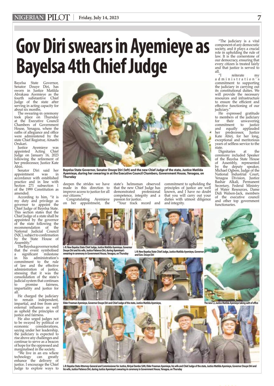 Gov Diri swears in Ayemieye as Bayelsa 4th Chief Judge - Bayelsa State Judiciary